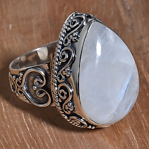 Silver Palace Natural Rainbow Moonstone 925 Sterling Silver Handmade Teardrop Ring For Unisex