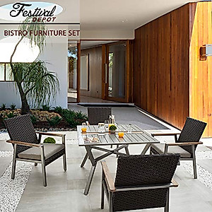 Festival Depot 5 Pcs Patio Set Square Dining Table with 2.16" Umbrella Hole and 4 Rattan Wicker Chairs with Seat Cushions in Metal Frame Outdoor Furniture for Porch Lawn Poolside Backyard, Dark Grey