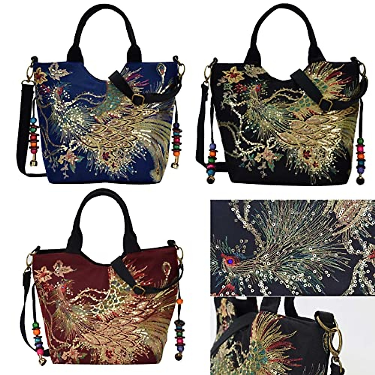 Shoulder Handbags for Women, Ethnic Travel Bags Tote with Bling Sequins Phoenix Embroidered New Portable Package (Blue)