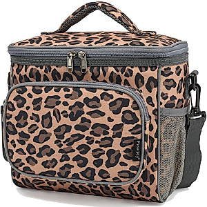 FlowFly Insulated Reusable Lunch Bag Adult Large Lunch Box for Women and Men with Adjustable Shoulder Strap,Front Zipper Pocket and Dual Large Mesh Side Pockets, Leopard