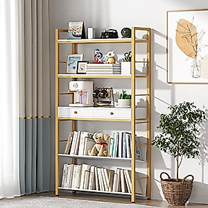 YAOHUOO Bookshelf with 2 Drawers-31.5” Widen Industrial Book Shelf with Bookend, 5 Tiers Tall Storage Shelves, Steel Frame Display Rack, Suitable for Bedroom,Office,Living Room,Bathroom