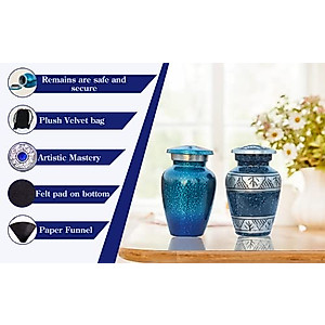 THE ASCENT MEMORIAL Blue Small Urns for Human Ashes Female Male | Set of 4 Premium Mini Keepsake Urns with Four Velvet Bags A Paper Funnel and A Stunning Magnet Closer Gift Box