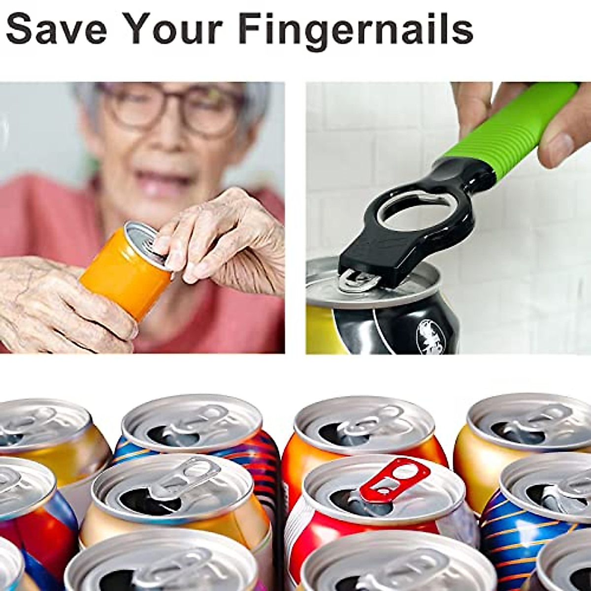 DUNLAGUE Soda Can Opener and Beer Bottle Opener Bartender with 4.2" Long Silicone Handle, Pop Top Can Tab Opener for Long Nails, Bottle Opener for Arthritic Hand and Seniors 1* Blue 1* Green