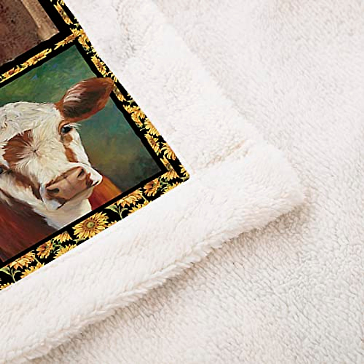 Cow Sunflower Print Sherpa Throw Blanket Yellow Flower Fleece Blankets Gift for Women Wife or Girlfriend Super Soft and Warm Sofa Bedding Blankets 60"X80"