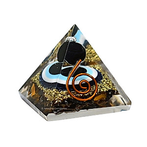 Ultimate Protection Orgone Pyramid with Evil Eye Black Obsidian Sphere - Triple Protection Crystals Tiger Eye Hematite & Black Obsidian (30mm, Small)