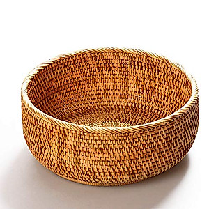 AMOLOLO Hadewoven Round Rattan Fruit Basket Wicker Food Tray Weaving Storage Holder Dinning Room Bowl, 10 Inch Woven Bread Basket Key Bowls with 4”Wall for Table, Countertop (Large 9.8")