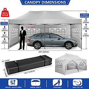 COBIZI 10x20 Pop up Canopy Tent Heavy Duty with 6 Sidewalls, Easy Set-up Commercial Outdoor Party Tent, 100% Waterproof Wedding Tent Gazebo, 3 Height Adjustable with Wheeled Bag,White