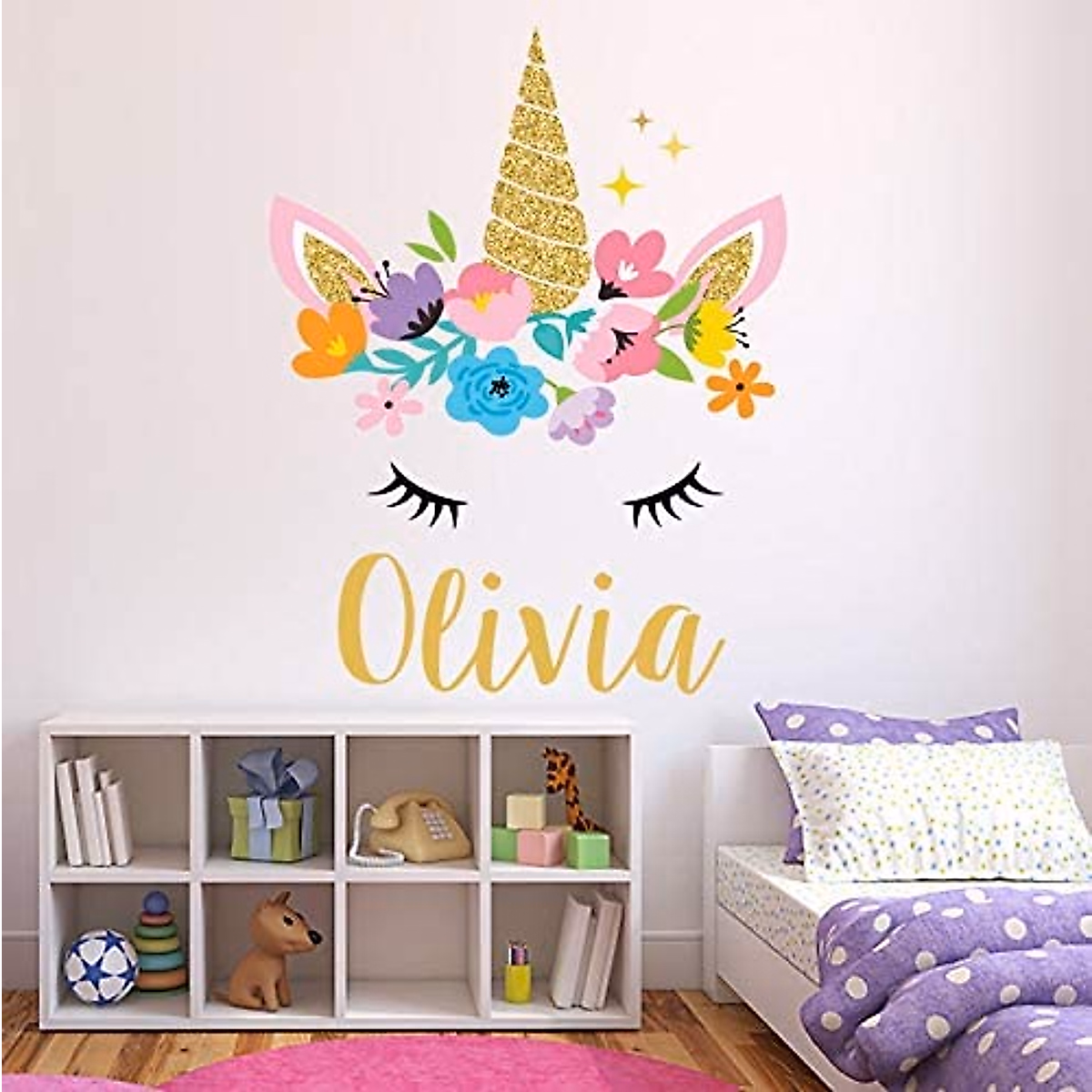 Unicorn Wall Decal Art Personalized Name Wall Decals Girls Bedroom Nursery Wall Decor Removable Vinyl Wall Stickers ND15 (24"W x 16"H inches)