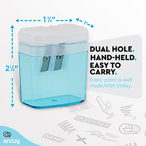 Pencil Sharpener Dual Hole Manual Blue, Jumbo Crayon Sharpener with Cover and Bin, Handheld Color Pencil Sharpeners for Large & Standard Pencils, Also Available in Red, Green, Purple, 1 Pc – by Enday