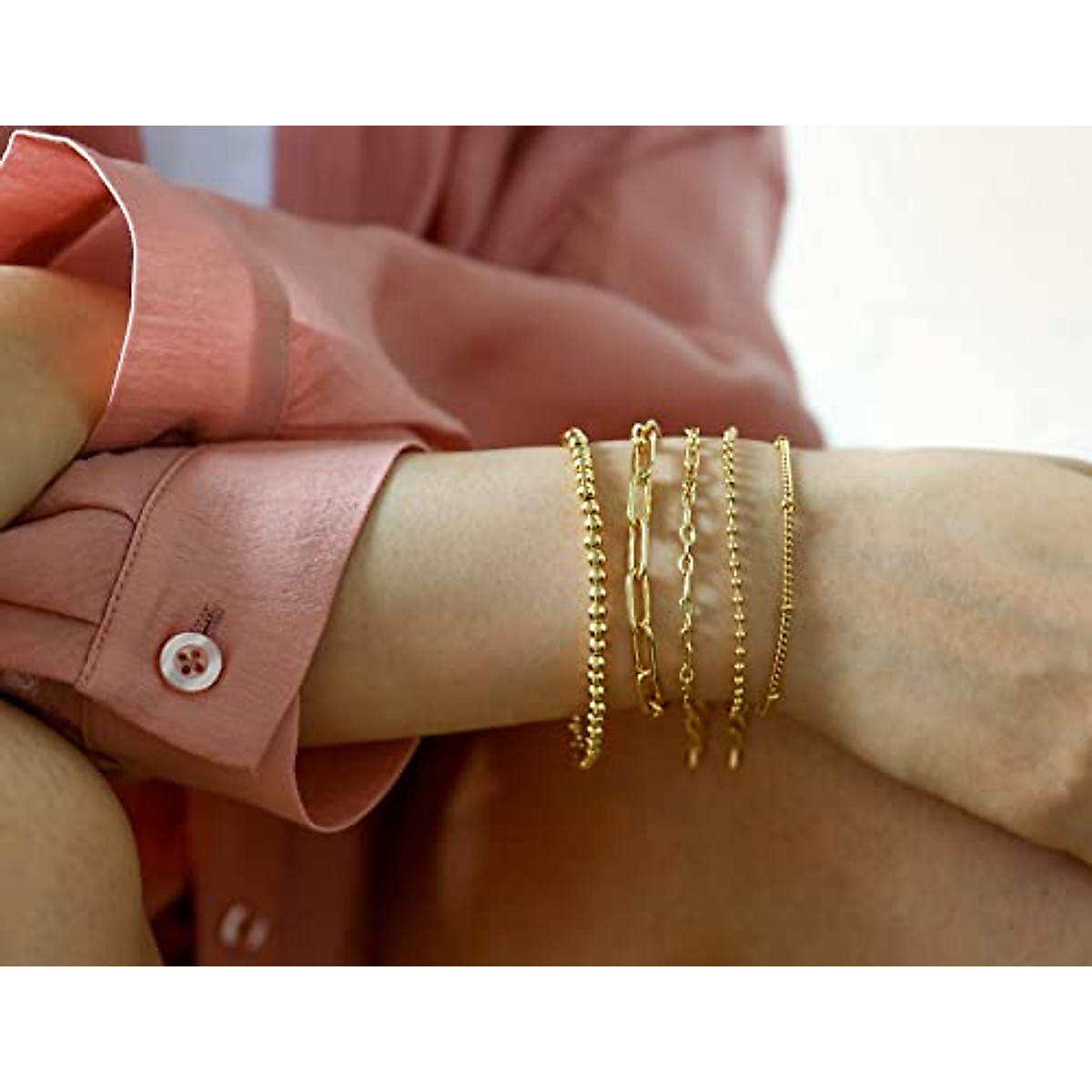 CONRAN KREMIX Gold Chain Bracelet Sets for Women Girls 14K Gold Plated Dainty Link Paperclip Bracelets Stake Adjustable Layered Gold Bracelet for Women Trendy Gold Jewelry For Women