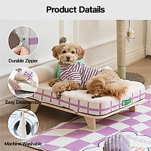 MEWOOFUN Cat Couch Bed, Modern Elevated Cat Bed with Nonskid Bottom, Orthopedic Pet Sofa Bed with Removable Washable Cover, Wooden Pet Furniture for Kitty Puppy, Purple & White