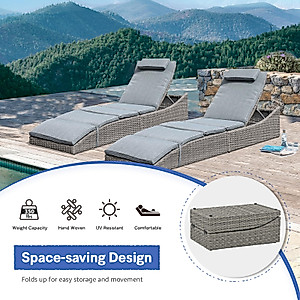 Soleil Jardin Folding Outdoor Adjustable Chaise Lounge Chair with Removable Cushion, Fully Assembled, Patio PE Rattan Reclining Lounger for Pool Beach, Gray