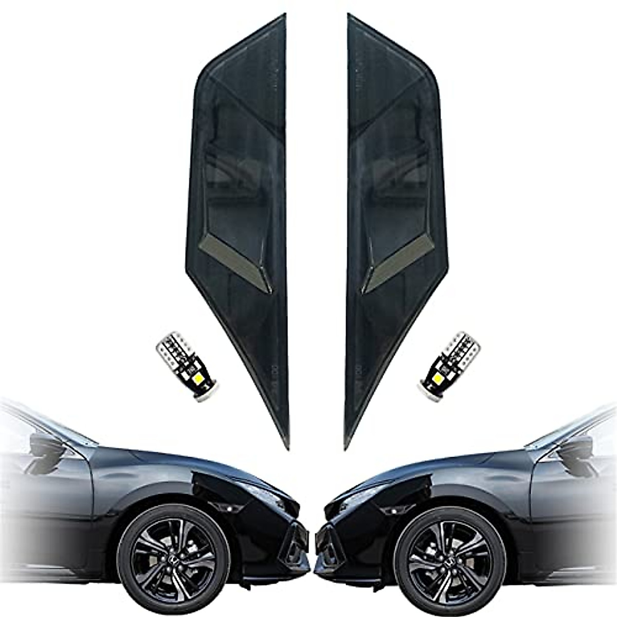 AutoJoy Club JDM Smoked Lens White Full LED Bulb Front Side Marker Light Compatible With 2016-2021 10th Gen Honda Civic Sedan Coupe Hatchback, Powered by 90-SMD LED, Replace OEM Sidemarker Lamps