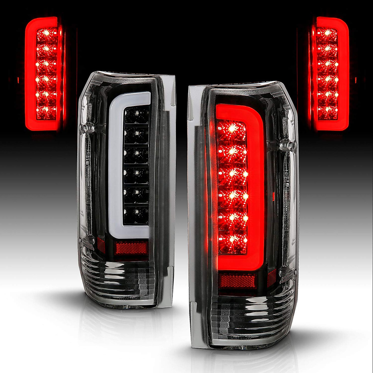 AmeriLite Truck 3D C-Type Halogen, Led, Tube Replacement Tail Light Set For 1989-1996 Ford F150 Bronco F250 F350- Passenger and Driver Side, Vehicle Light Assembly, Black