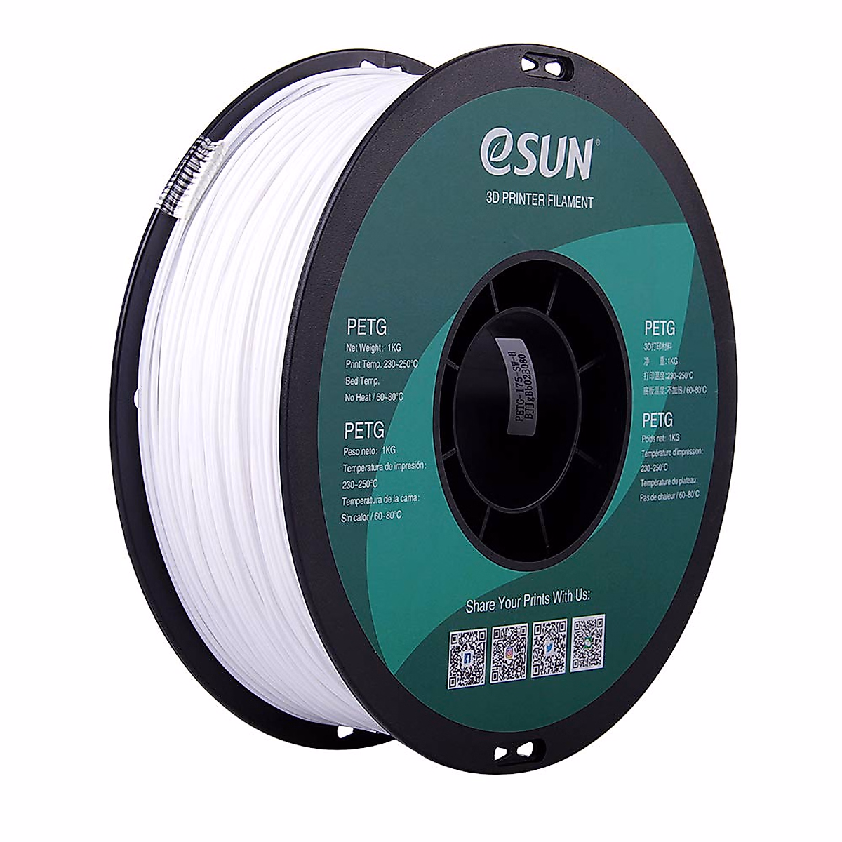 eSUN 3D 1.75mm PETG White Filament 1kg (2.2lb), PETG 3D Printer Filament, Dimensional Accuracy +/- 0.03 mm, 1.75mm Solid Opaque White