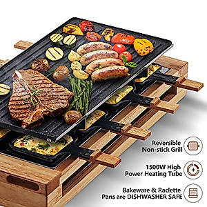 Indoor Grill, COKLAI Raclette Table Grill, 1500W Electric Grill Korean BBQ Grill with 2 in 1 Reversible Non-stick Plate, Cheese Raclette with 8 Trays & Wooden Spatulas, Wooden Base, New Model