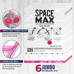 Jumbo 6 Pack | SPACE MAX Premium Space Saver Vacuum Storage Bags - Save 80% More Storage Space - Reusable, Double Zip Seal & Leak Valve, Includes Travel Hand Pump