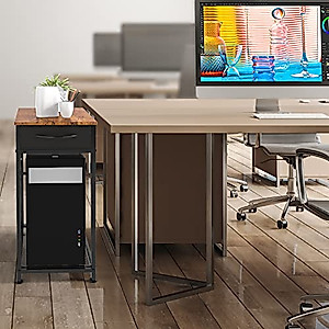 Computer Tower Stand PC Tower Stand with Storage Drawer 2 Tier Wood Rolling CPU Holder Stand Mobile Printer Cart on Wheels for Home Office, Industiral Brown and Black