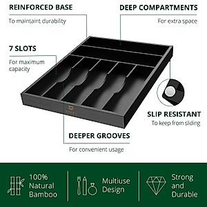 ROYAL CRAFT WOOD Bamboo Kitchen Drawer Organizer - Silverware Organize and Cutlery Tray with Grooved Drawer Dividers for Flatware and Kitchen Utensils (7 Slot, Black)