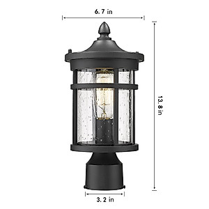 Diyel Outdoor Post Light Fixture, 13.8" Exterior Pillar Lantern with Black Finish and Seeded Glass, Exterior Post Lamp, RZ002-P BK