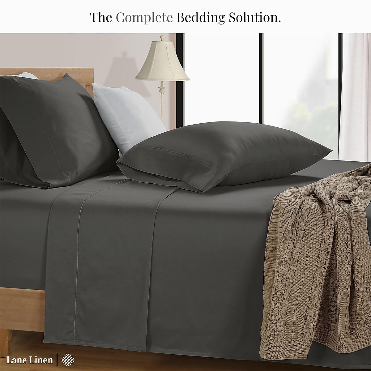 Lane Linen Queen Sheet Set - 600 TC Black Sheets Queen Size Bed Set - 100% Cotton Black Bed Sheets Queen Size Set, Ultra Soft Queen Bed Sheets Set, Sateen Weave Cotton Sheets Queen Size Set - Charcoal