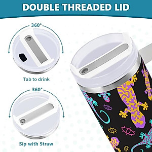 Hippie Gecko Leopard Blue Tumbler with Handle and Straw Lid, 40 oz Insulated Coffee Cup Stainless Steel Water Bottle Travel Mug Cupholder Friendly,Gifts for Women Men