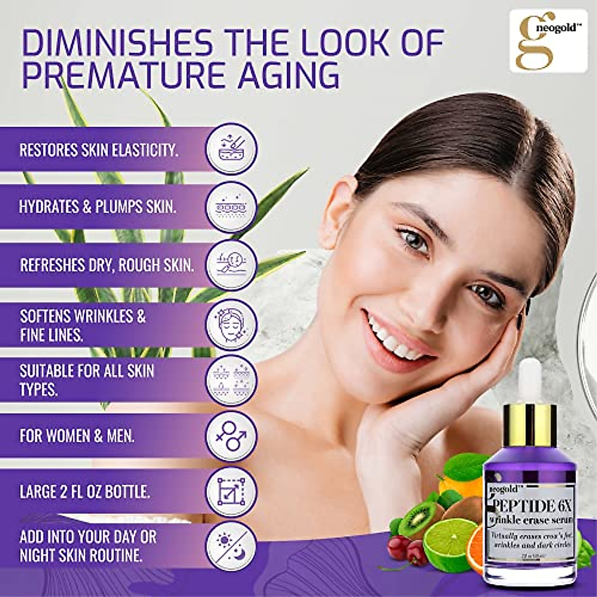 Neogold 6X Anti Aging Peptide Serum Moisturizer Skin Care Facial Oil Booster For Face, Wrinkles, Fine Lines, & Puffiness, Peptide Concentrate W/Collagen Plumps, Lifts, & Evens Skin Tone, 2 Fl Oz