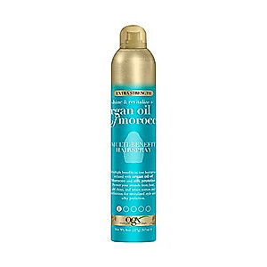 OGX Revitalize + Argan Shine Extra Strength Multi-Benefit Heat Protection Hairspray with Argan Oil & Silk Proteins, Tame Frizz & Non-Greasy Shine, Morocco, 8 Ounce