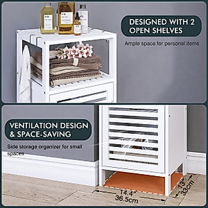 HITNET Bamboo Bathroom Storage Cabinet, 4 Tier Small White Floor Cabinet with Single Door, Free Standing Slim Narrow Storage Organizer for Bedroom Living Room