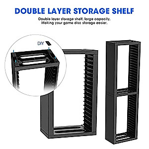 SALUTUY Game Holder Rack, Stylish Multimedia Storage Functional Game Accessories Organizer Game Disc Storage Organizer Shelf Space-Saving Adjustable for Game Discs