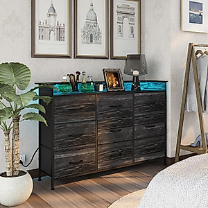 EXOTICA Black Dresser with Charging Station 9 Drawers Dresser with LED Light and USB Ports Fabric Dresser for Bedroom Hallway Entryway Closets Sturdy Steel Frame Wood Top