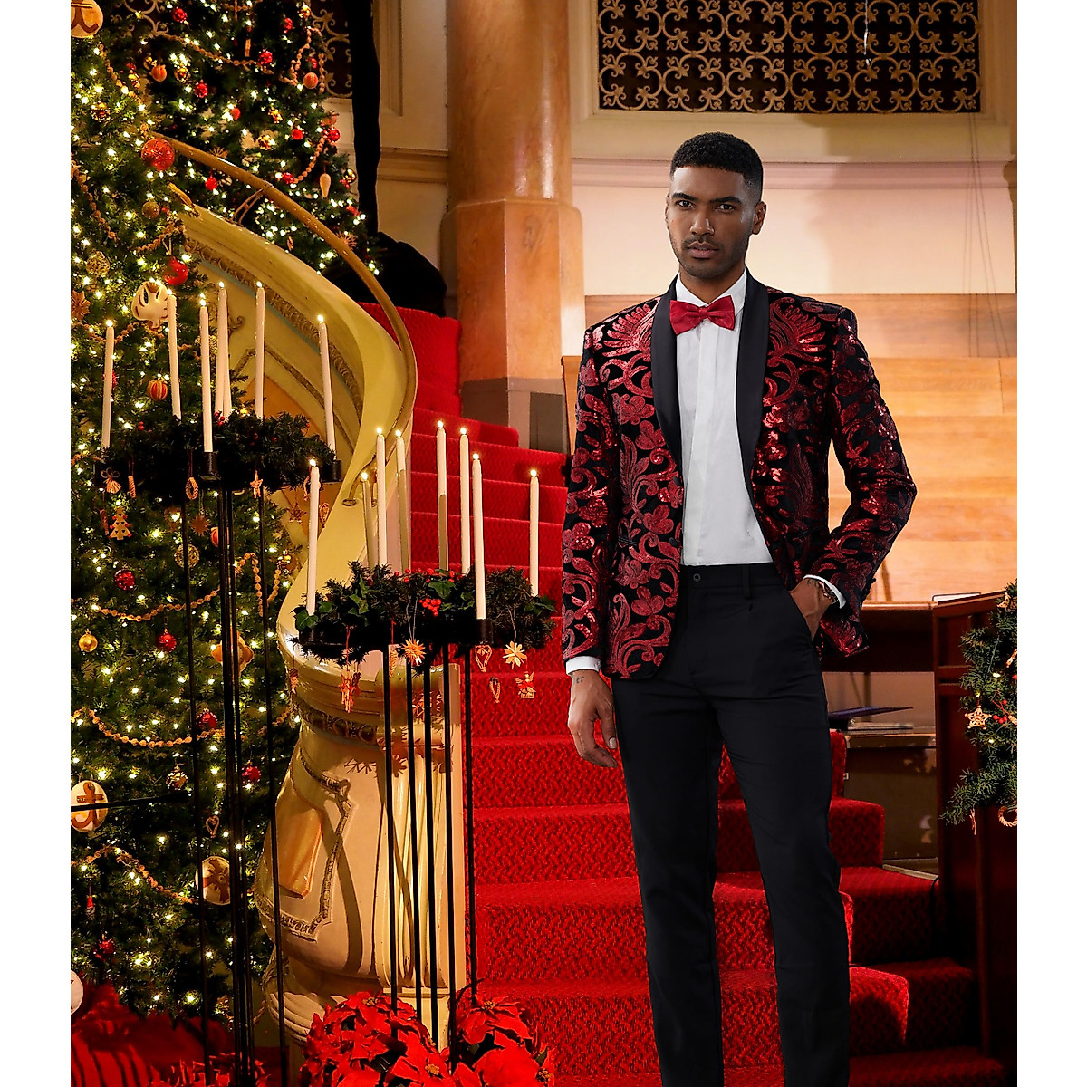 PJ PAUL JONES Men's Suit Jackets Velvet Sequins Tuxedo Jacket Shawl Lapel Slim Fit Casual Blazer for Men Dinner Wine Red 2XL