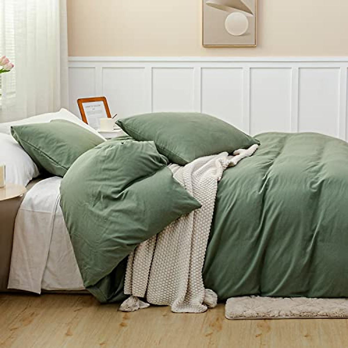 JELLYMONI Green 100% Washed Cotton Duvet Cover Set, 3 Pieces Luxury Soft Bedding Set with Zipper Closure. Solid Color Pattern Duvet Cover Queen Size(No Comforter)
