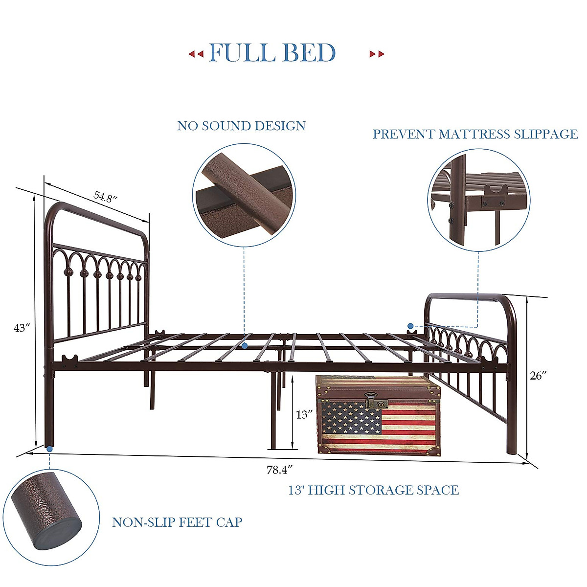 YALAXON Vintage Sturdy Full Size Metal Bed Frame with Headboard and Footboard Basic Bed Frame No Box Spring Needed，Antique Brown