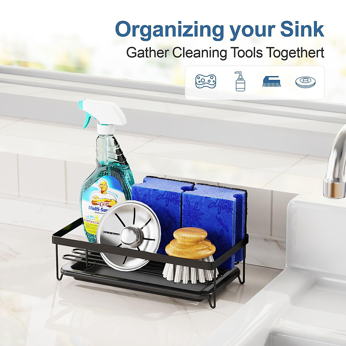 GSlife 2 in Set of Dish Drying Rack and Sink Caddy - Dish Rack for Kitchen Counter with Slots, Utensil Holder, Cup Holder, Cutting Board Holder, Black