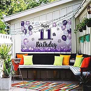 LASKYER Happy 11th Birthday Purple Large Banner - Cheers to Eleven Years Old Birthday Home Wall Photoprop Backdrop,11th Birthday Party Decorations.