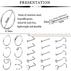 FINREZIO 27PCS 22G Surgical Steel Nose Rings Hoop Nose Studs for Women Men L Shaped Nose Rings Stud Cartilage Earrings Piercing Jewelry