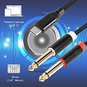 CERRXIAN 6.56ft USB C to Dual 6.35mm TRS Stereo Cable, USB C to 1/4 inch Audio Cable, USB Type C Male to 2X 6.35mm Mono Male AUX Y Splitter Cable for Tablet, Laptop,Phone,Amplifier(6.35-C)