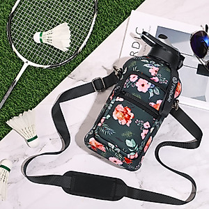 Fimibuke Half Gallon Water Bottle with Sleeve 64 OZ Water Bottle with Handle & Straw Leakproof Motivational Sport Gym Water Bottle with Time Marker BPA Free Water Jug with Neoprene Holder - Retro Rose