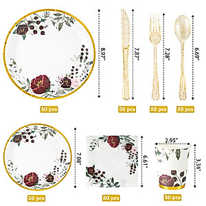 350 Pcs Red Floral Party Supplies Set, plates, napkins, cups and gold plastic cutlery set for 50 Guest for Bridal Shower, Baby Shower, Birthday,Wedding,Bachelorette party Supplies