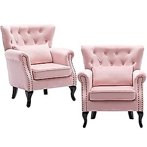 chairus Mid-Century Modern Accent Chairs Set of 2, Comfy Tufted Single Sofa Chair Wingback Armchair with Pillow for Club, Living Room, Bedroom - Velvet, Pink