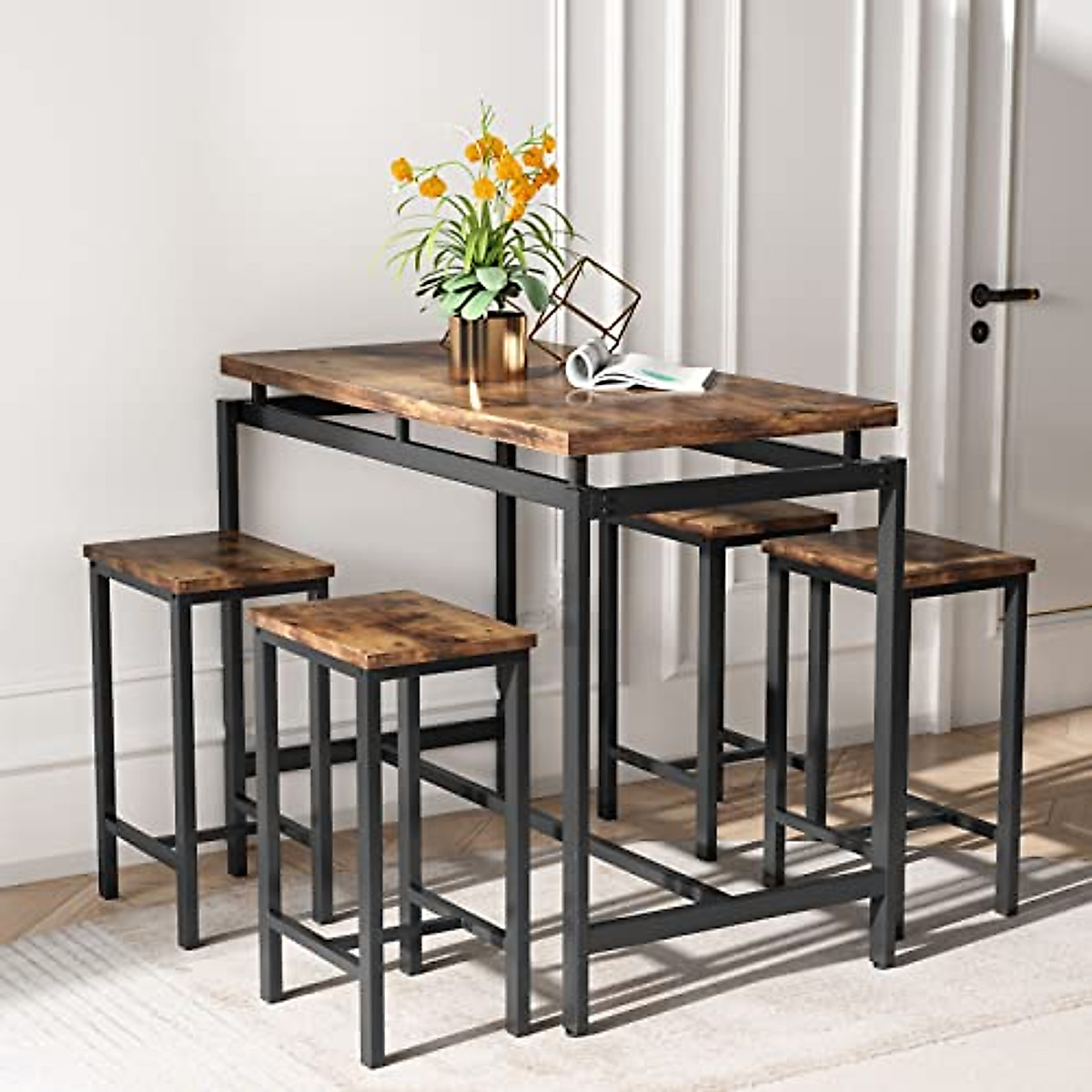tantohom Dining Table Set for 4, Metal Frame Modern Wood Bar Table and Chairs Set, Kitchen Table and Chairs for 6 for Space Saving