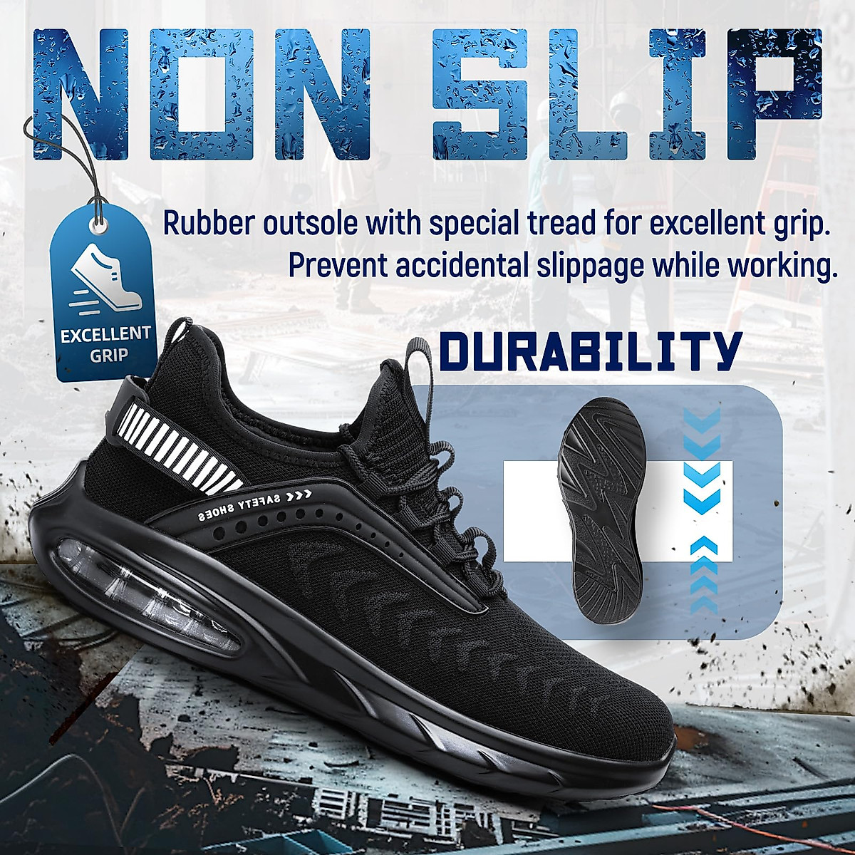 Steel Toe Shoes for Men Work Women Lightweight Air Cushion Sneakers Slip Resistant Safety Work Boots Indestructible Shoes Black