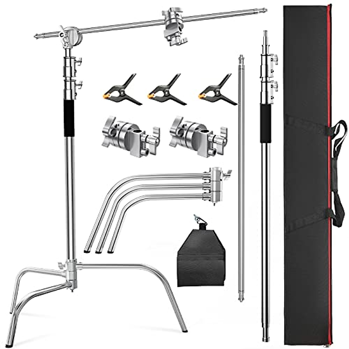 Altson Pro 100% Stainless Steel Heavy Duty C Stand with Boom Arm, Max Height 10.5ft/320cm Photography Light Stand with 4.2ft/128cm Holding Arm, 2 Grip Head for Studio Monolight, Softbox, Reflector