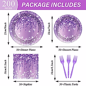 200PCS Purple Birthday Party Plates and Napkins Purple And Silver Birthday Party Decorations Purple Silver Party Tableware Set Serves 50 Guests Girls Ladies Women Wedding Birthday Party Favors
