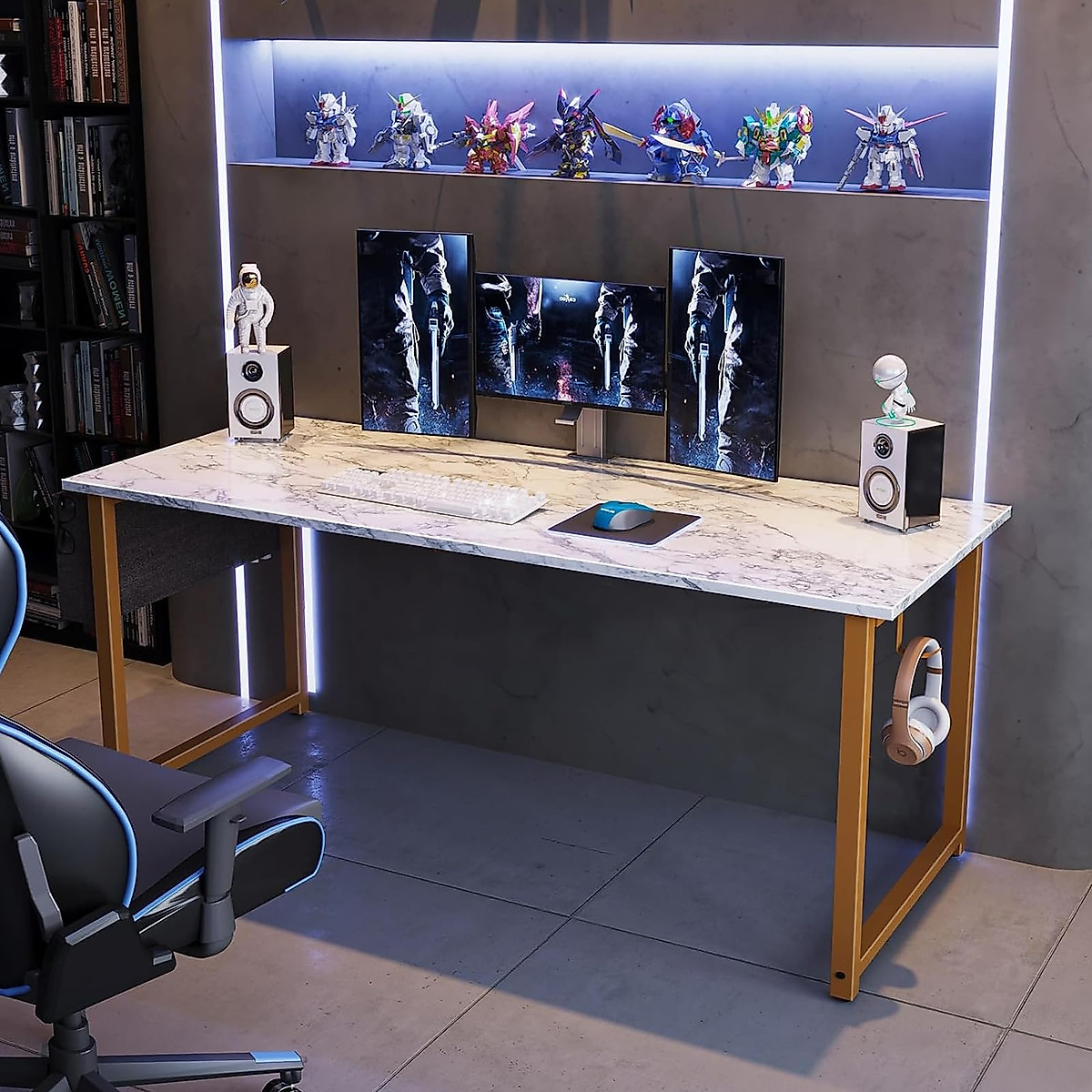 ODK Computer Desk Large Office Desk, 63 Inch Gaming Desk with Storage, Modern PC Desk Work Table with Headphone Hook for Home Office, Spliced Board, White + White Leg