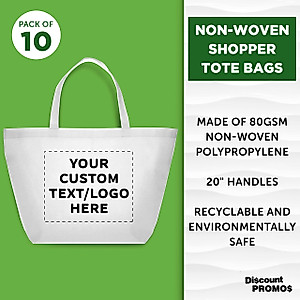 DISCOUNT PROMOS Custom Southern Style Grocery Tote Bags Set of 10 - Personalized Bulk Pack, Reusable Grocery & Shopping Bags - Great for Travel, Carry on Bag, Business Promotions - White - 20"X13"X8"