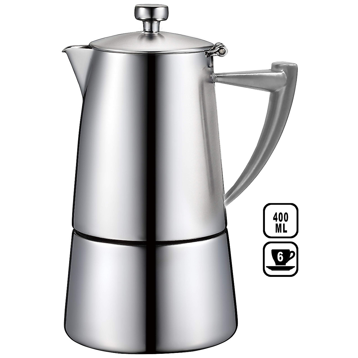CUISINOX Roma Satin Stainless Steel Moka Pot Stovetop Espresso Maker, 6-Cup
