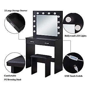 CLIPOP Modern Makeup Table with Mirror and Chair, Dressing Table with Light, 2 Drawers, Bedroom Dressing Table with 12 LED Lights and 3 Colors Lighting, Vanity Stool for Women, Girl’s Room (White)