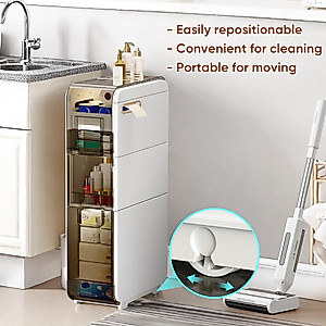2 Tier Narrow Slim Bathroom Storage Cabinet, Skinny Plastic Bathroom Storage with Drawers& Toilet Paper Holder, Waterproof Movable Storage Organizer for Small Space, Kitchen, Laundry, Living Room